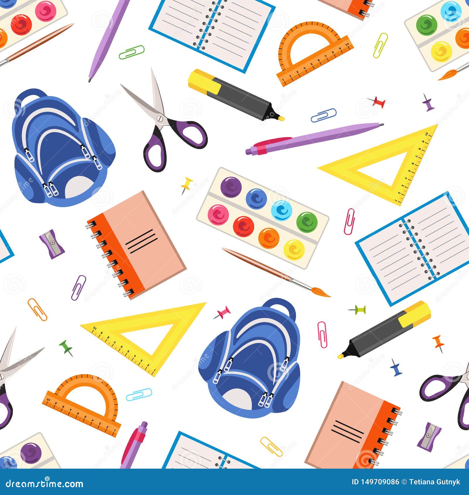 School Supplies Seamless Pattern on White Background. Stock Vector ...