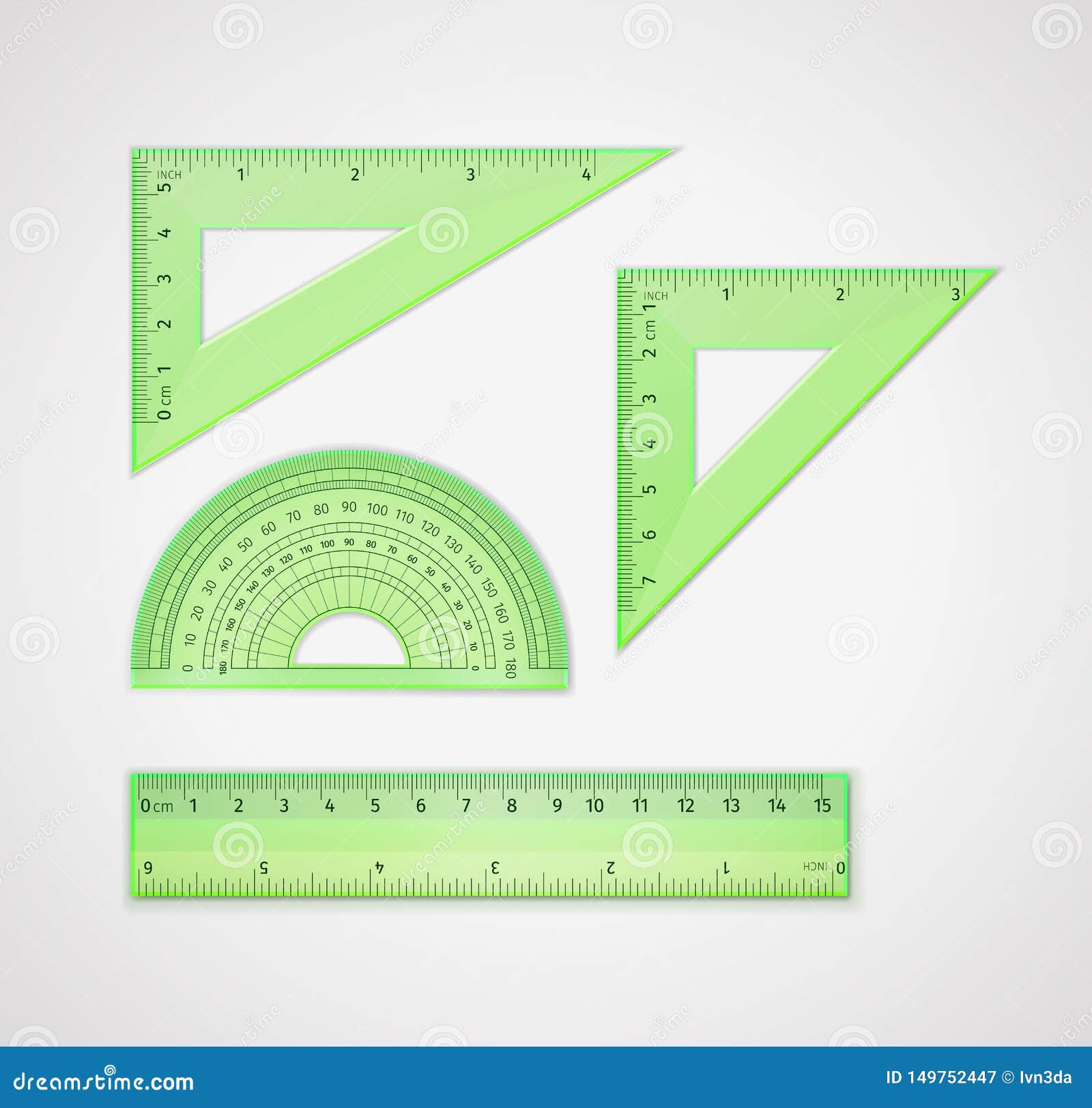 School Supplies. Set of Green Plastic Transparent Plastic Measuring ...