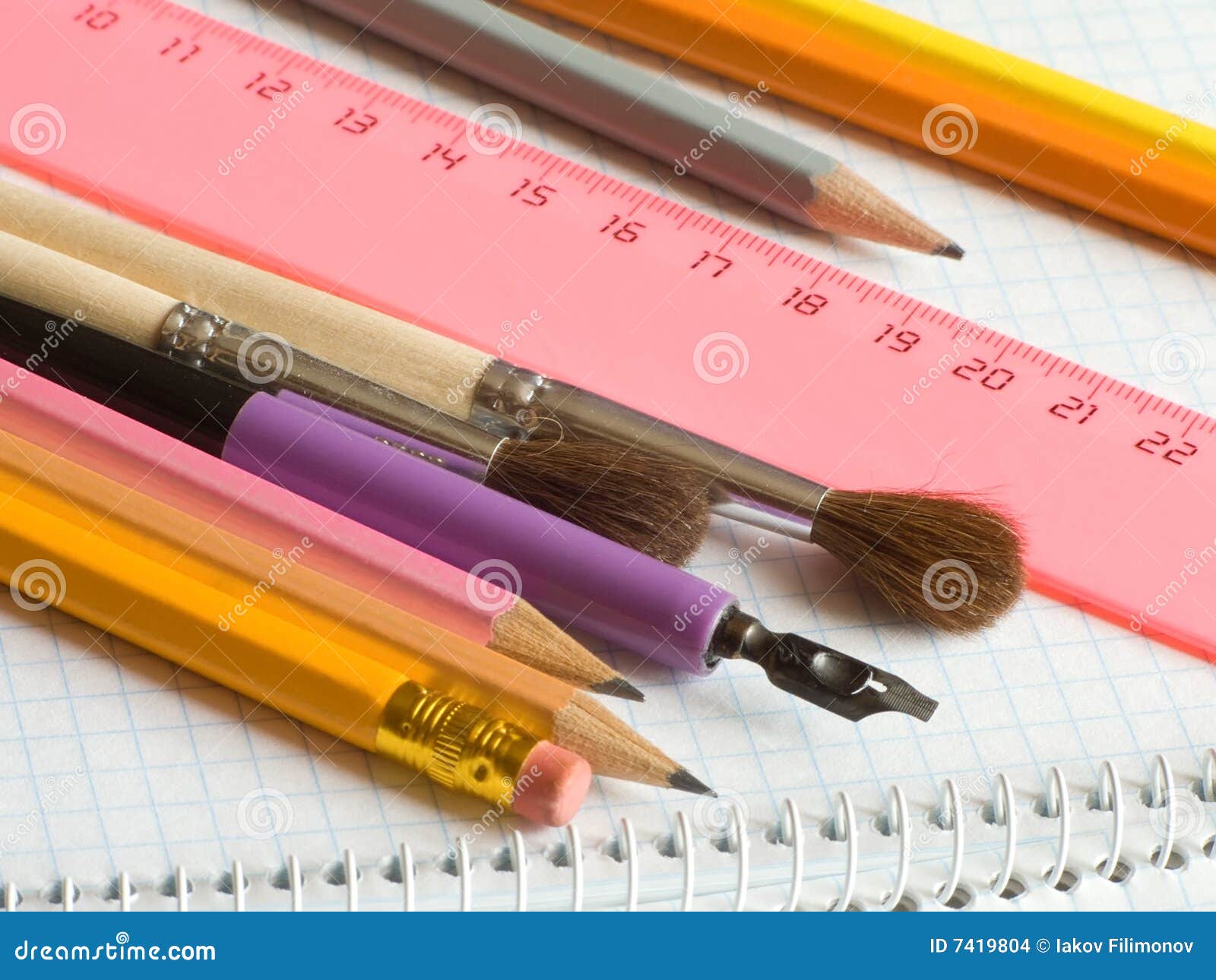 School Supplies on Squared Sheet of a Copybook Stock Photo - Image of ...