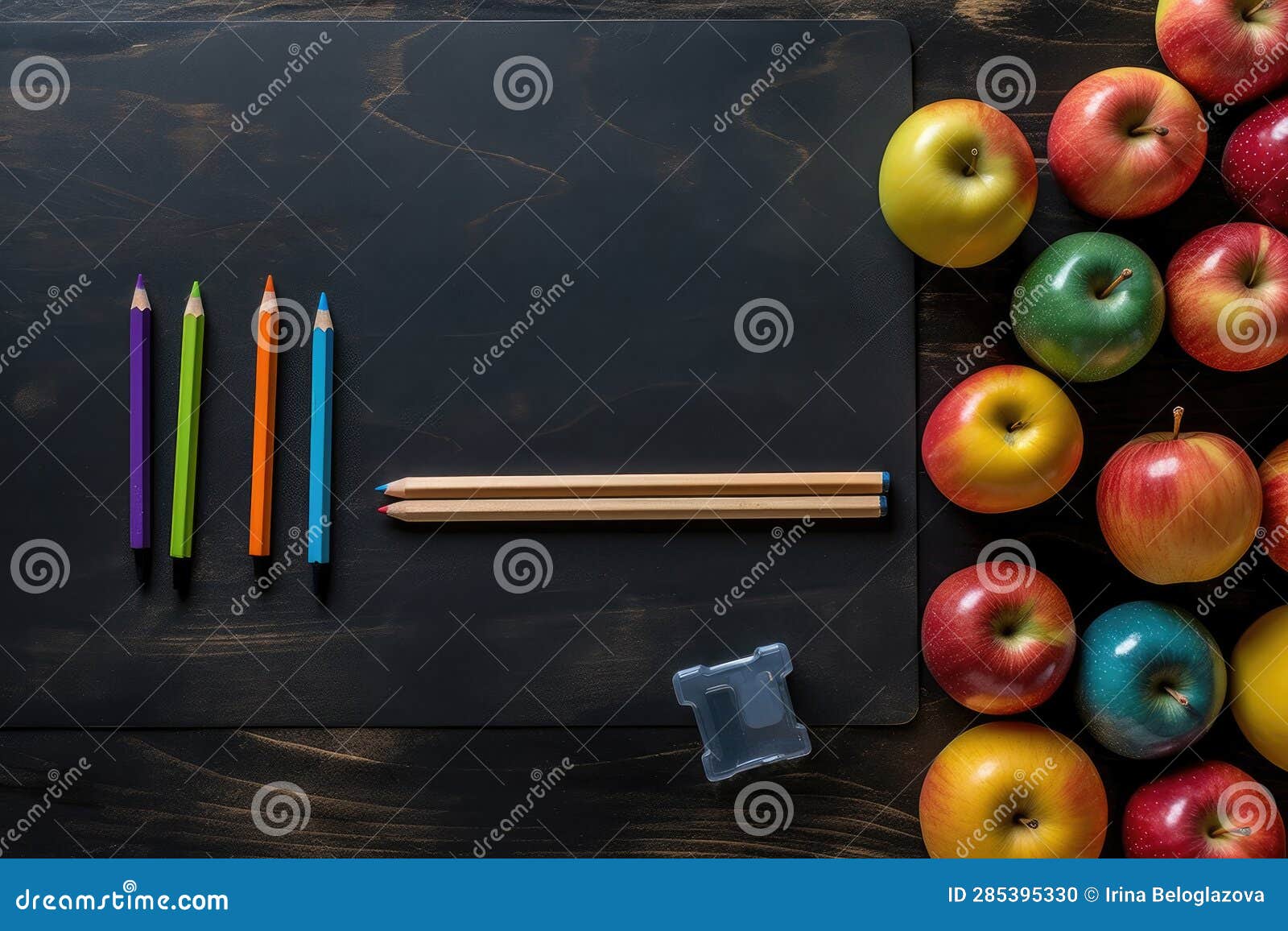 School Supplies for Students. Chalkboard, Pencils, Crayons and Apples ...