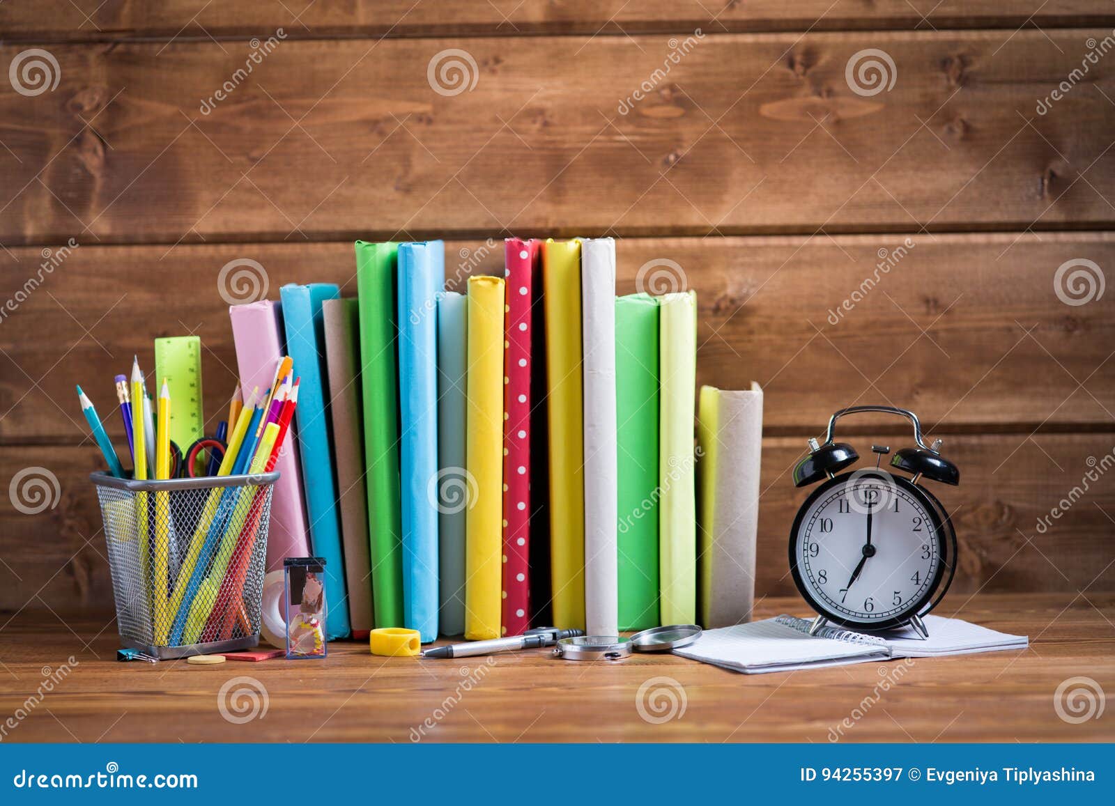 School supplies on table stock image. Image of books - 94255397