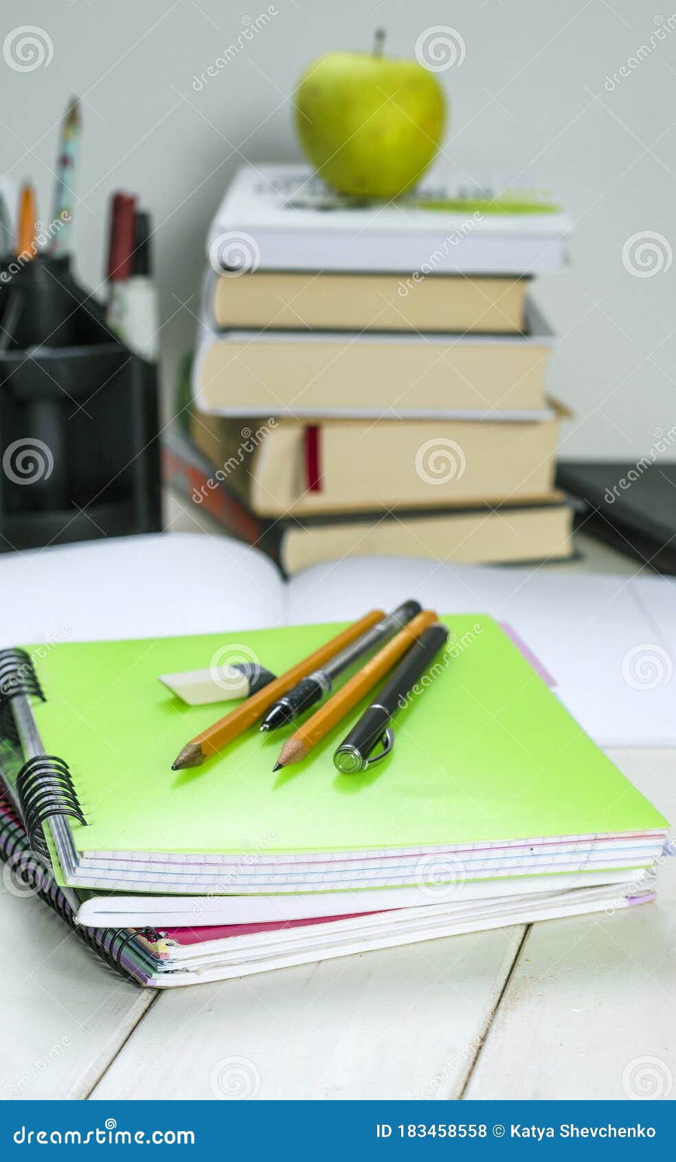 School Supplies on the Table Stock Photo - Image of diary, apple: 183458558