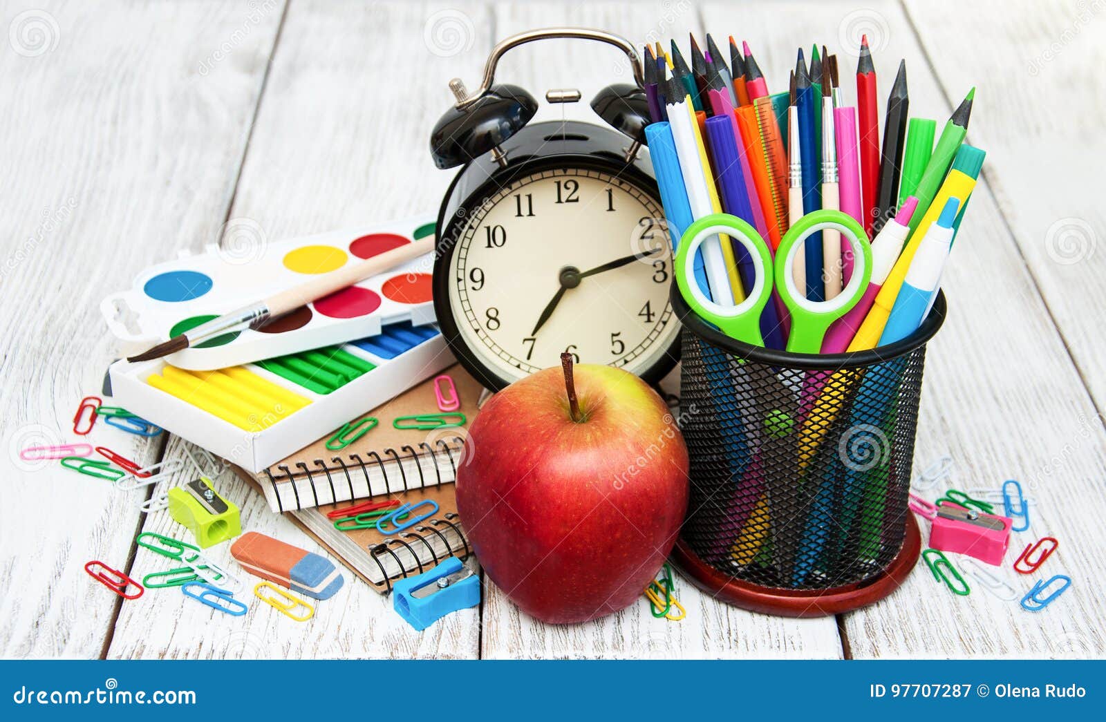 School supplies on a table stock image. Image of paints - 97707287