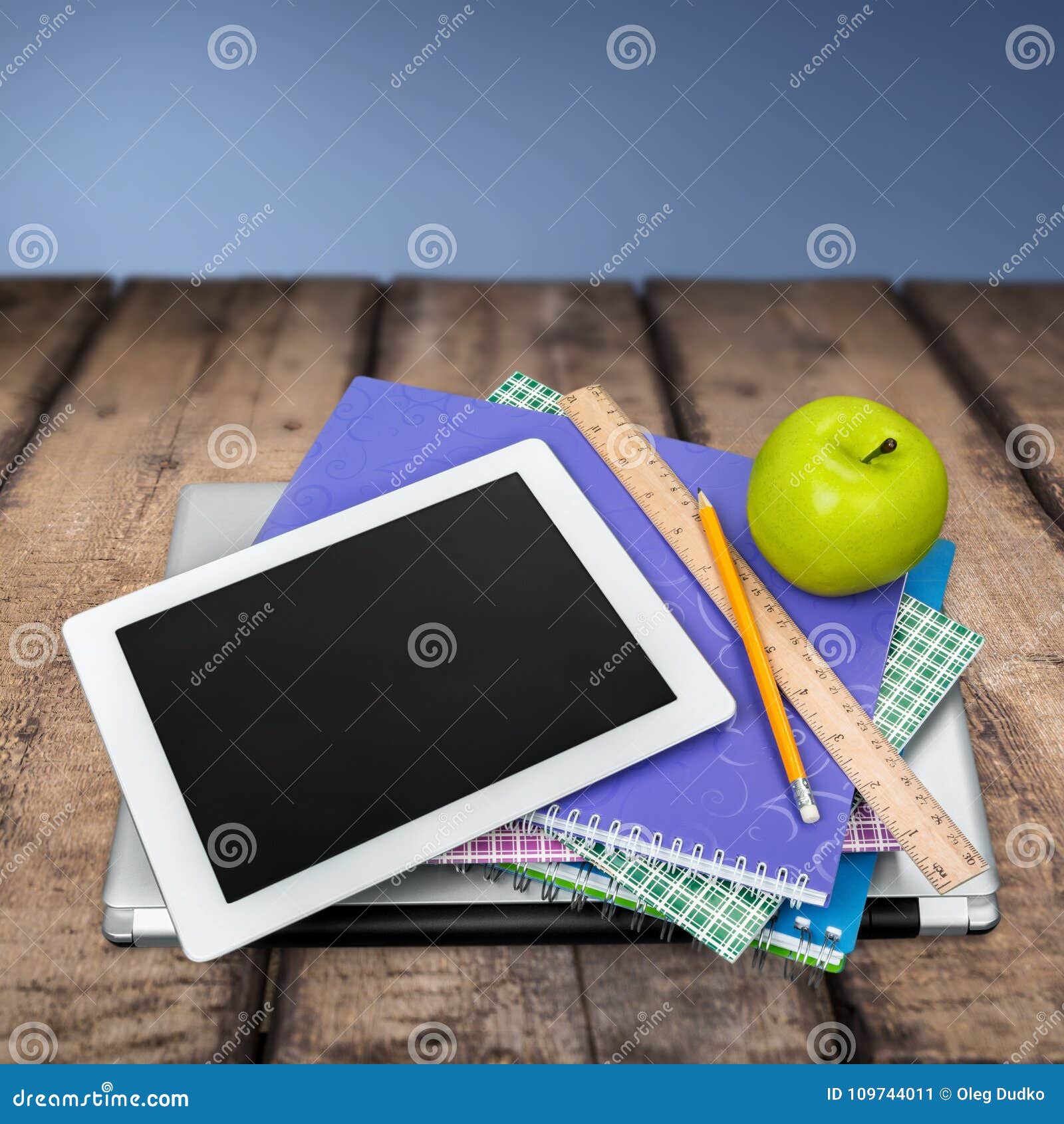 School Supplies with Tablet on Classroom Stock Image - Image of ...