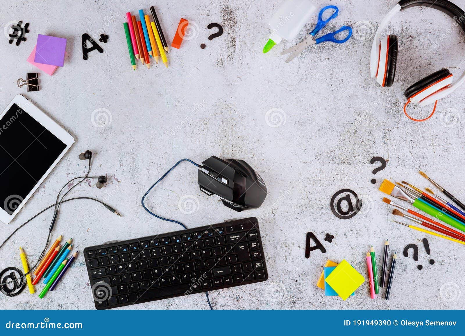 School Supplies with Tablet and Computer Keyboard on White Table. Back ...