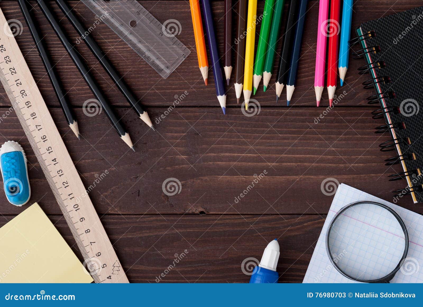 School Supplies on a Wooden Table Stock Image - Image of colorful ...