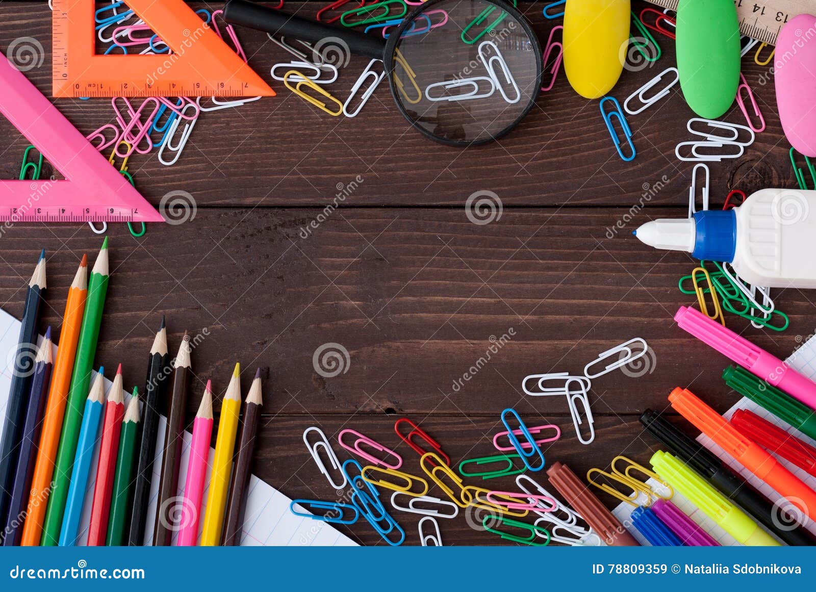 School Supplies on a Wooden Table Stock Image - Image of group, copy ...