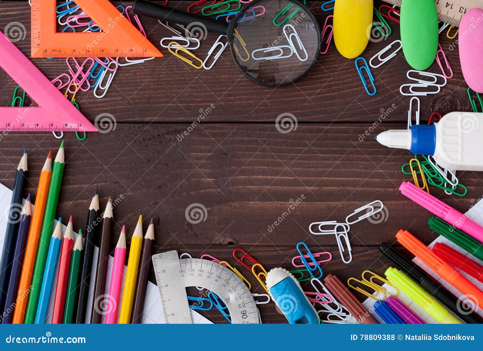 School Supplies on a Wooden Table Stock Photo - Image of desk, eraser ...