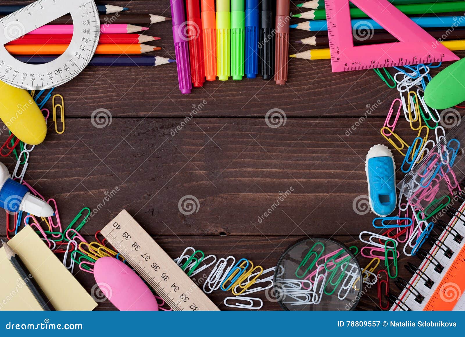 School Supplies on a Wooden Table Stock Image - Image of glue, copy ...