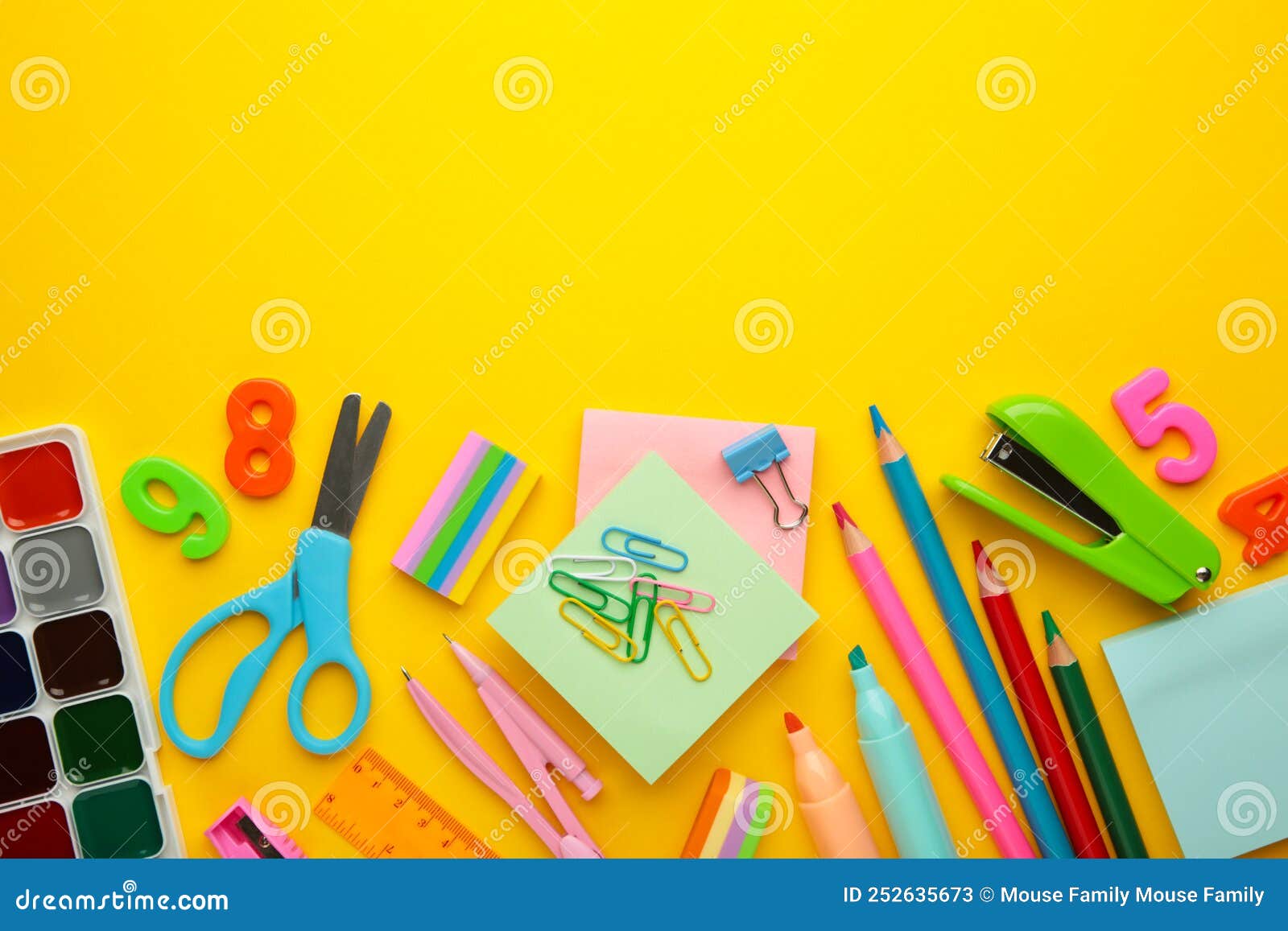 School Supplies on Yellow Background. Top View Stock Image - Image of ...