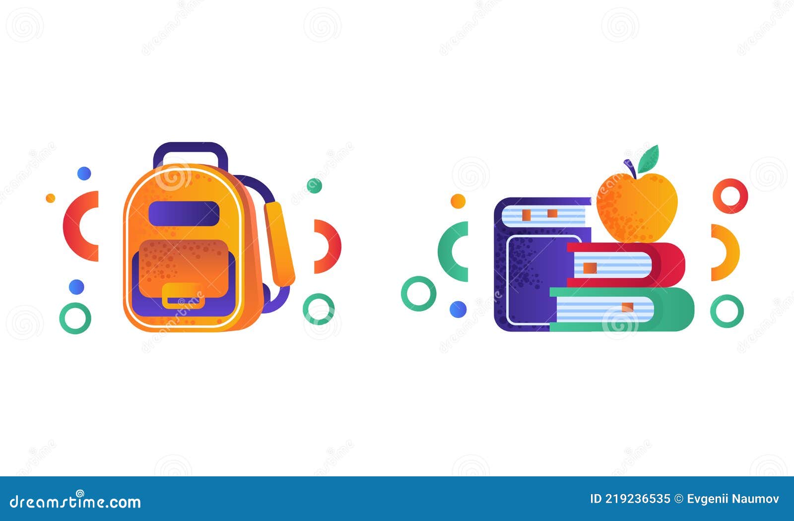 School Symbols Set, Backpack, Apple and Stack of Books Supplies Flat ...