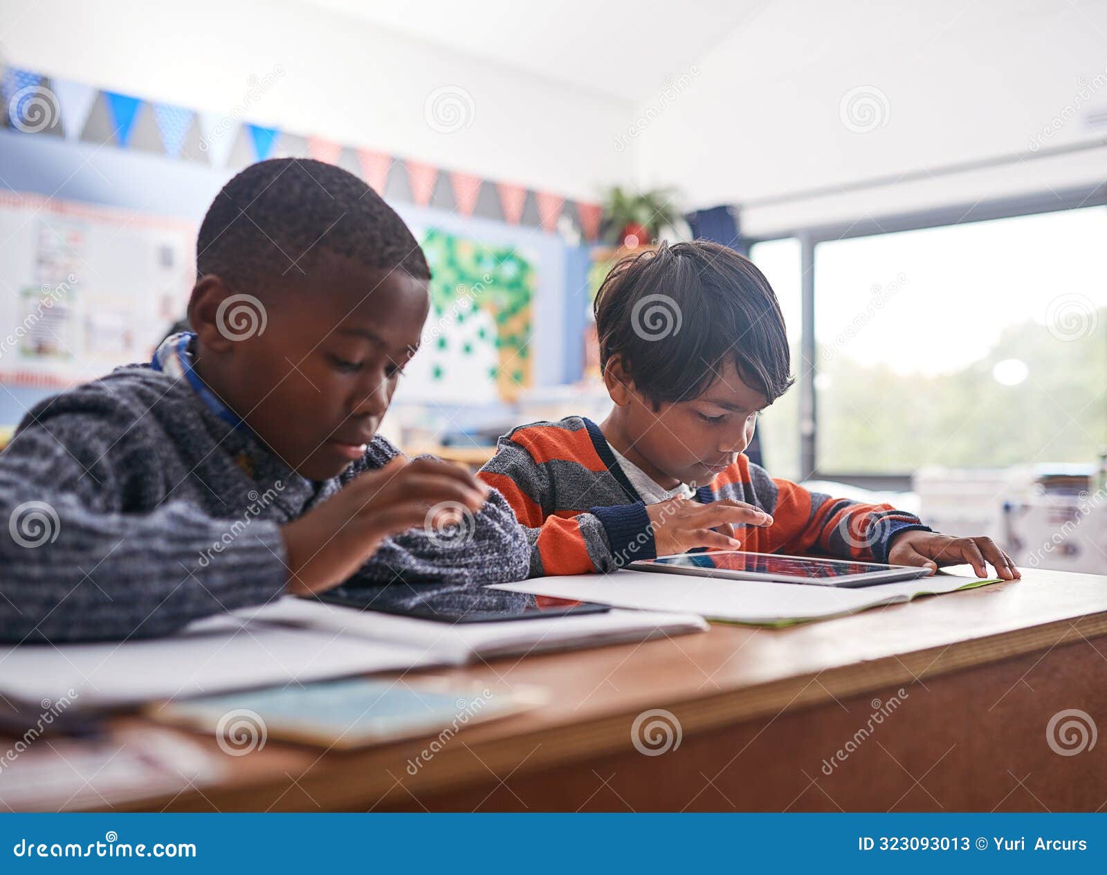 School, Tablet and Children in Classroom for Online Learning ...