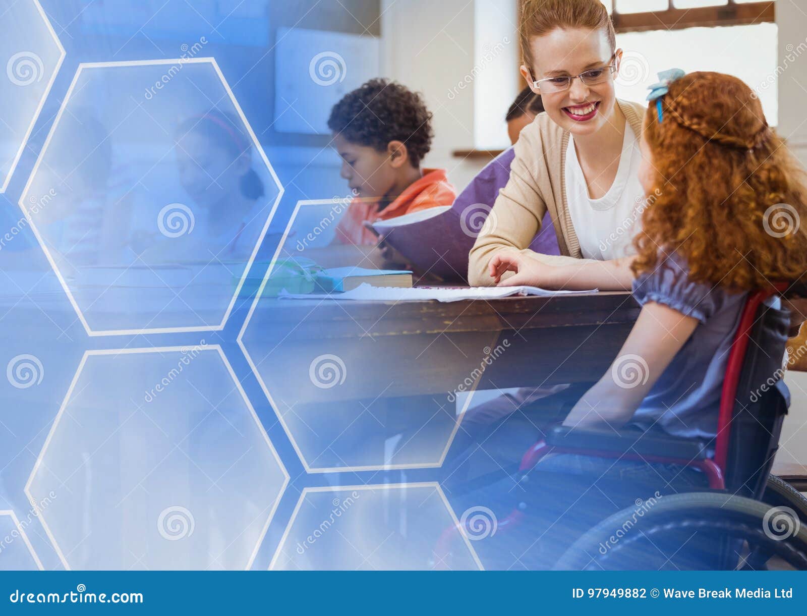 School Teacher with Disabled Student in Wheelchair in Class Stock Photo ...
