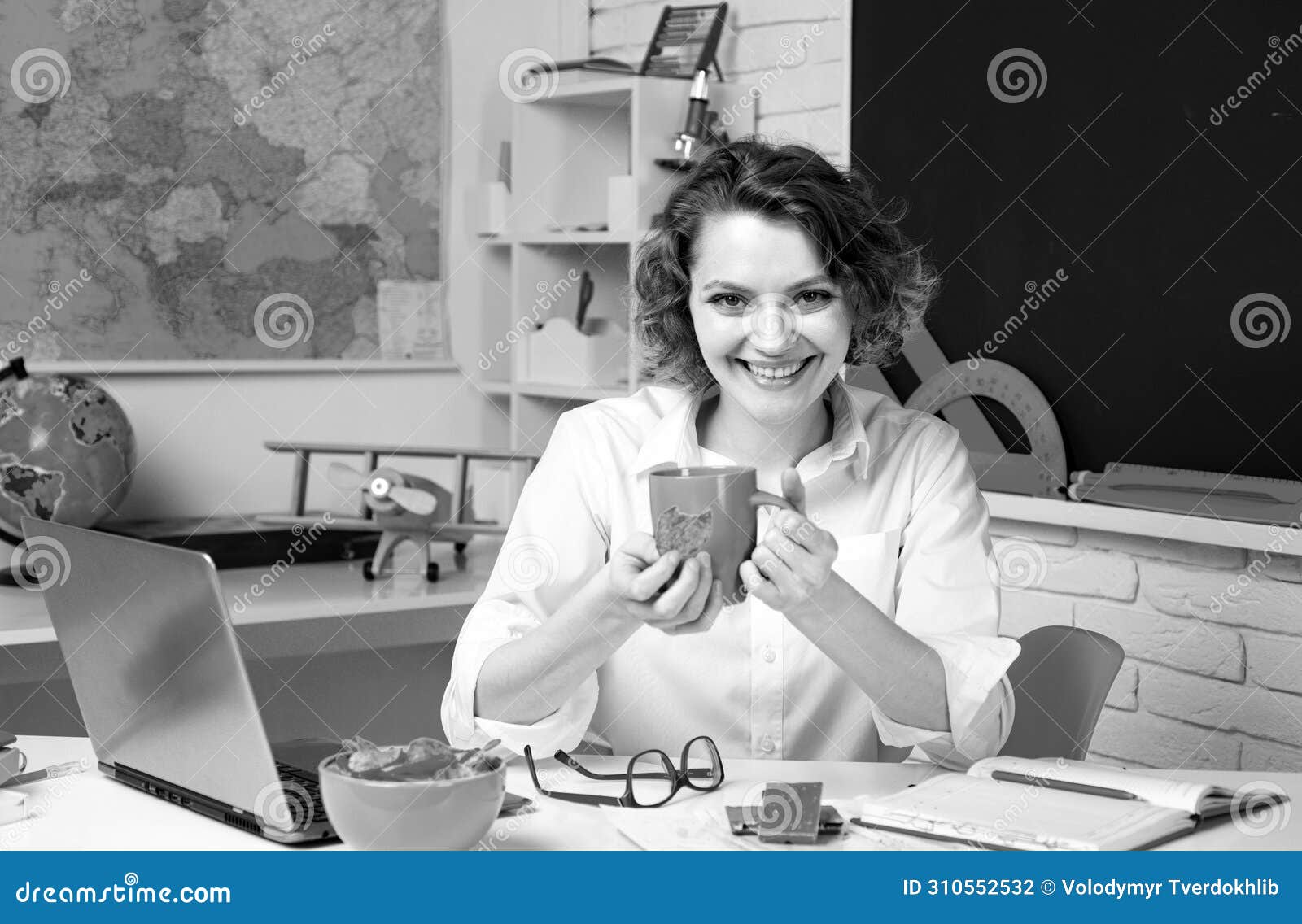 School Teacher Eating in Classroom. Lunch Time. Education Concept ...