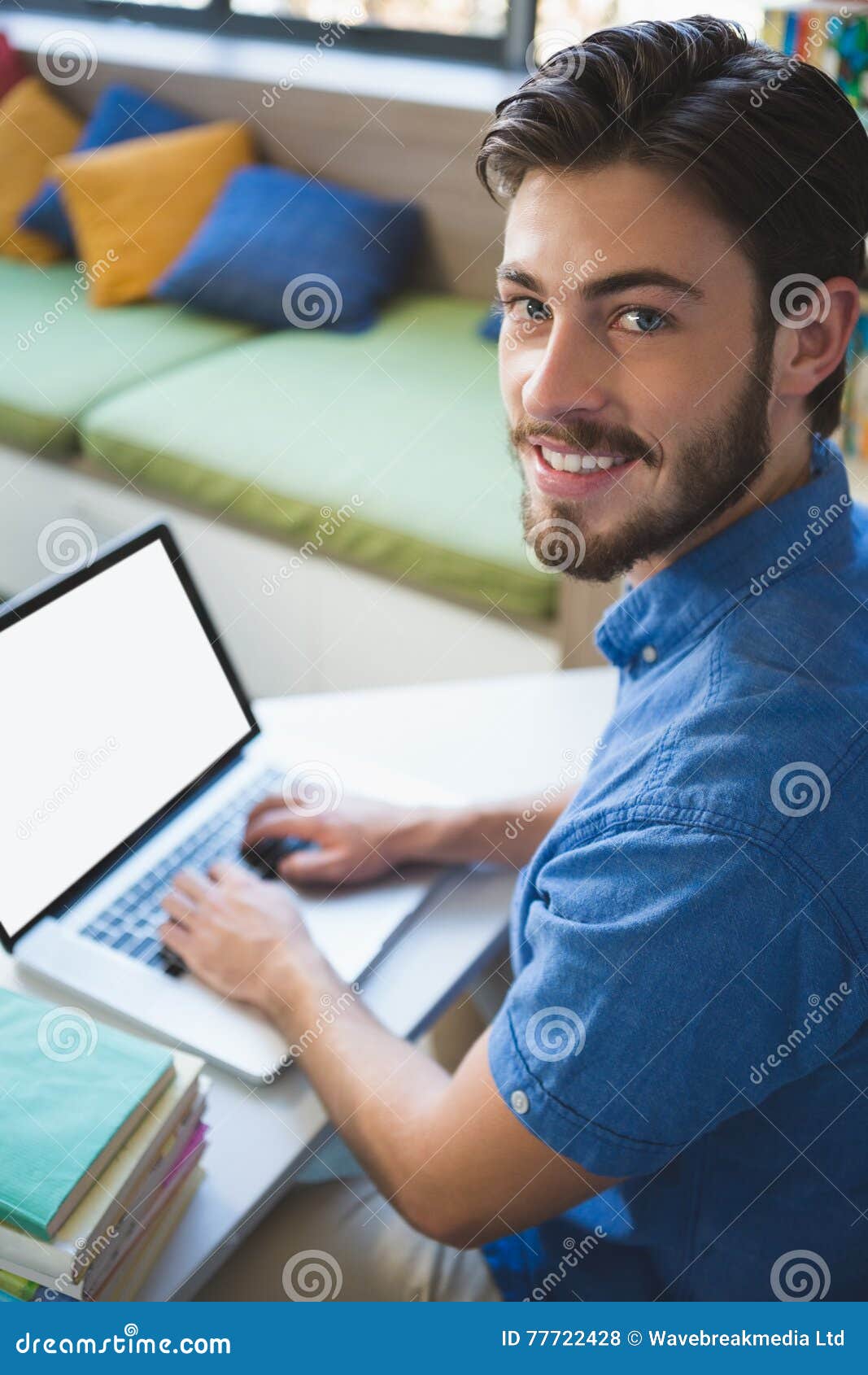 School Teacher Working on Laptop in Library Stock Photo - Image of ...