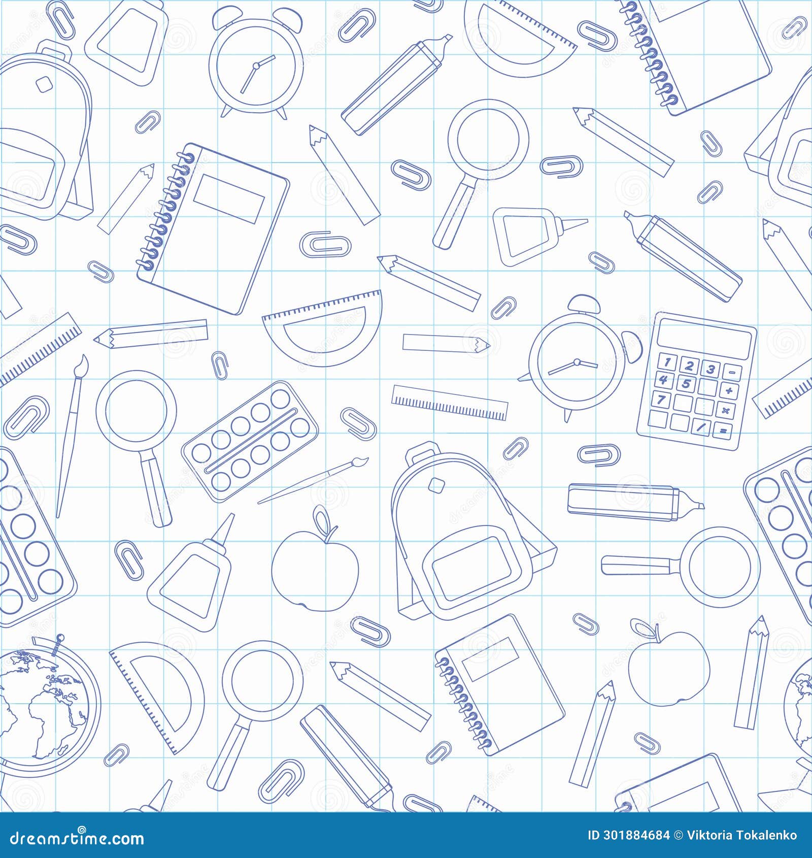 School Themed Pattern School Supplies Backpack on Blue Background Stock ...