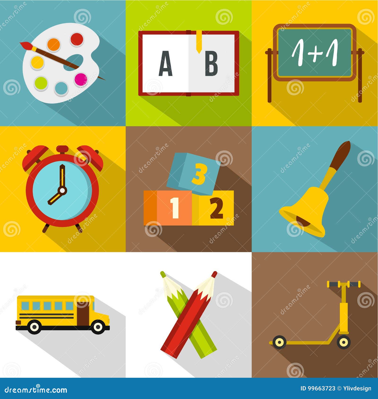 School Time Icon Set, Flat Style Stock Vector - Illustration of ...