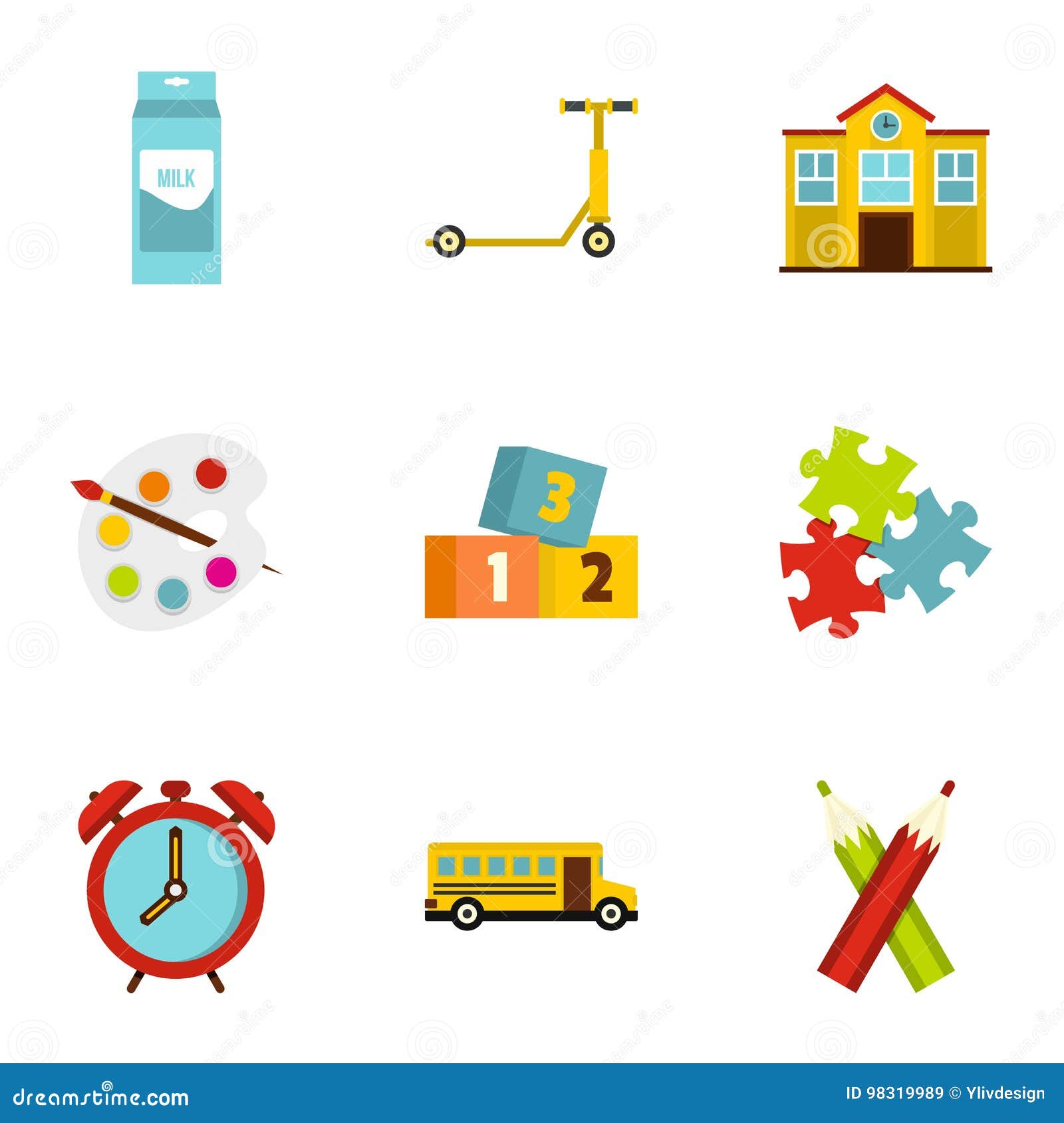 School Time Icons Set, Flat Style Stock Vector - Illustration of ...