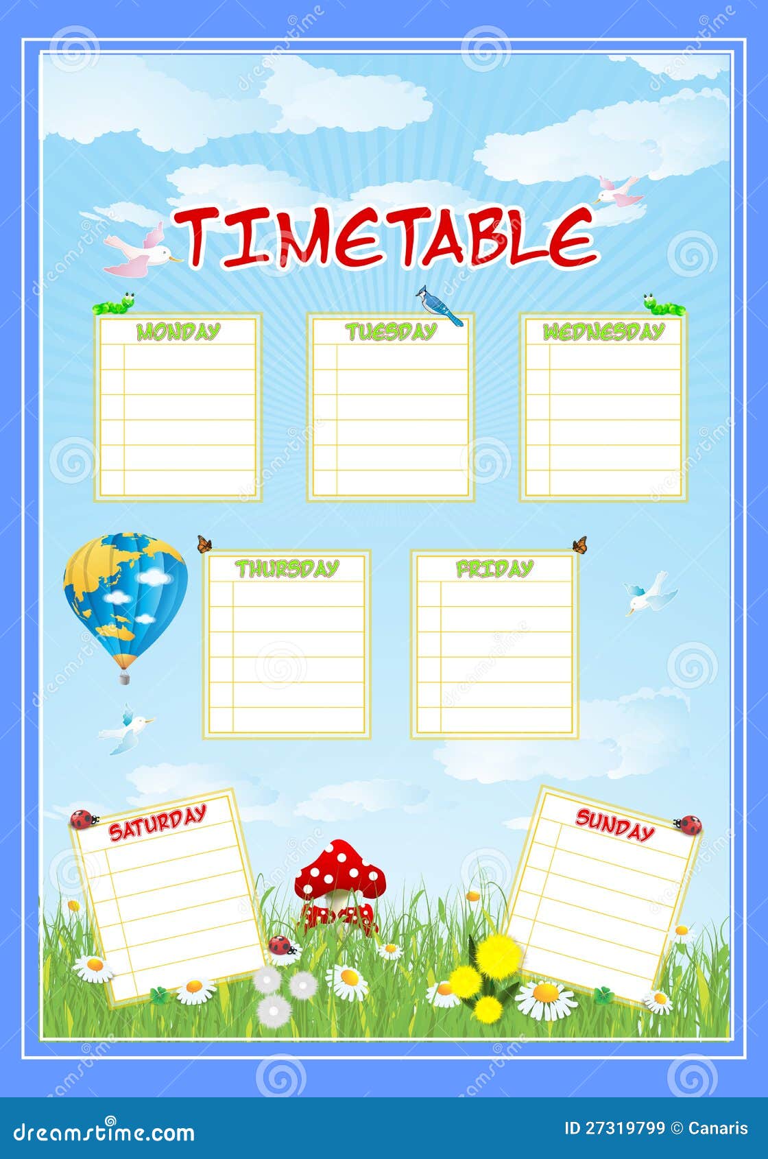 School Timetable Template For Kids. Vector Printable Schedual With ...