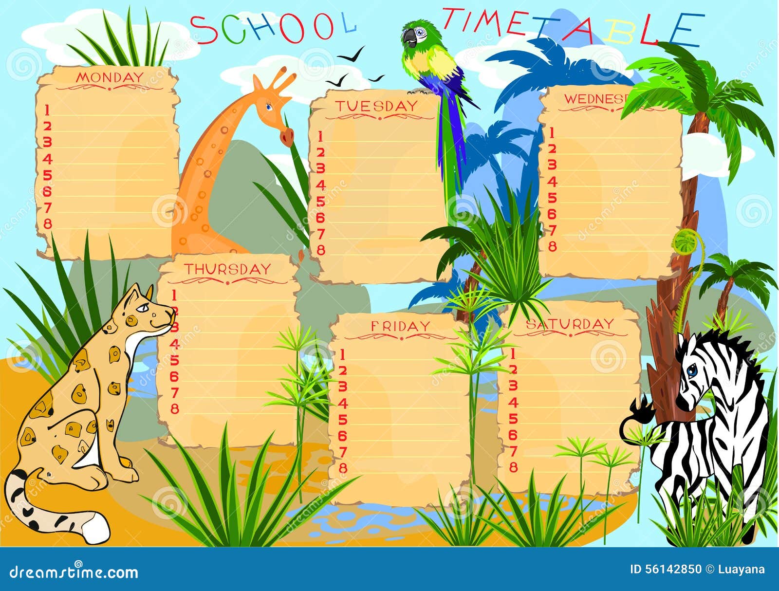 School Timetable with Animals Stock Vector - Illustration of parrot ...