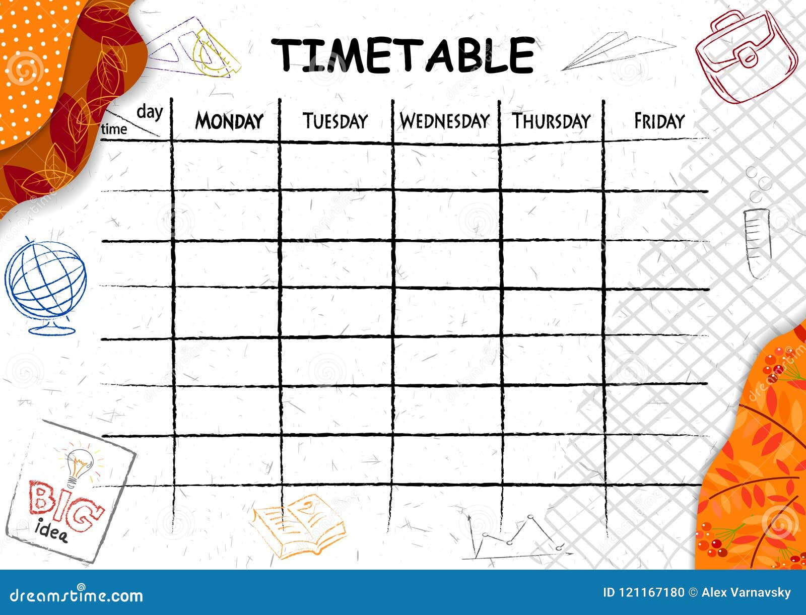 School Timetable Template For Kids. Vector Printable Schedual With ...