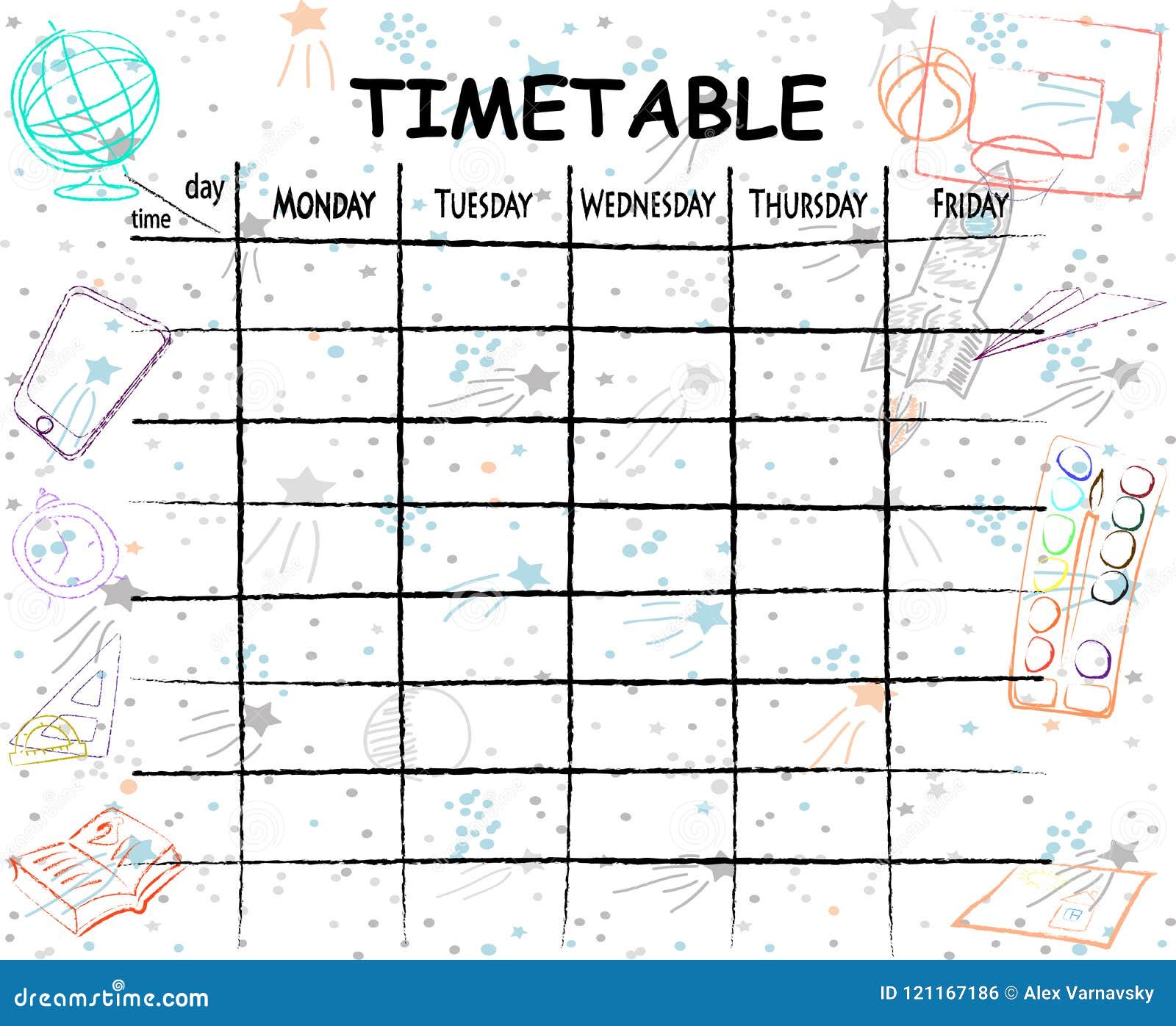 School Timetable Background with Hand Drawn Elements of School Supplies ...