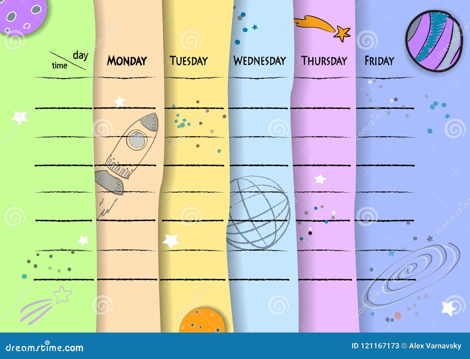 School Timetable Background with Hand Drawn Space Elements. Stock ...