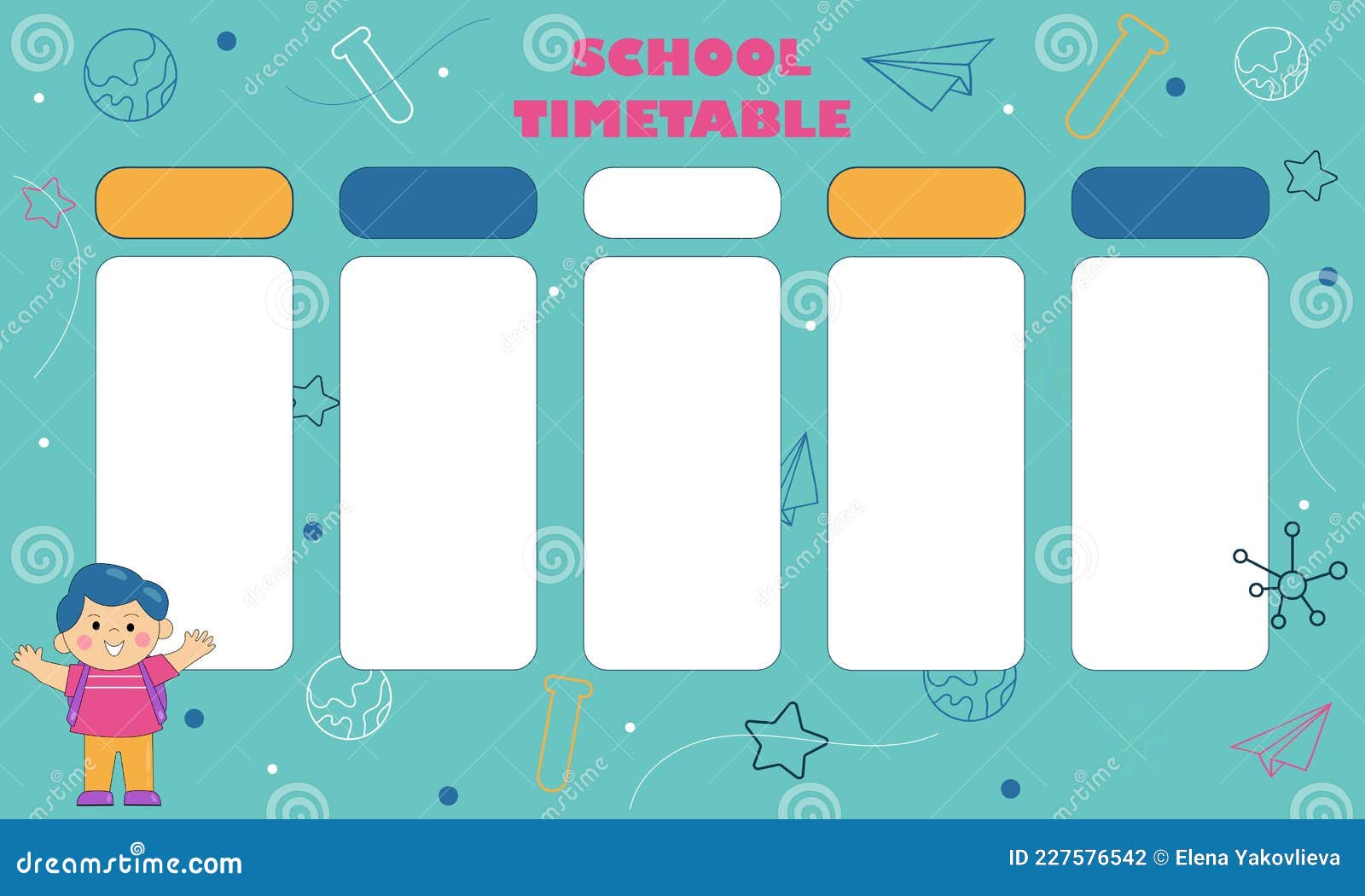 School Timetable on Blue Background with School Items and a Boy. Stock ...