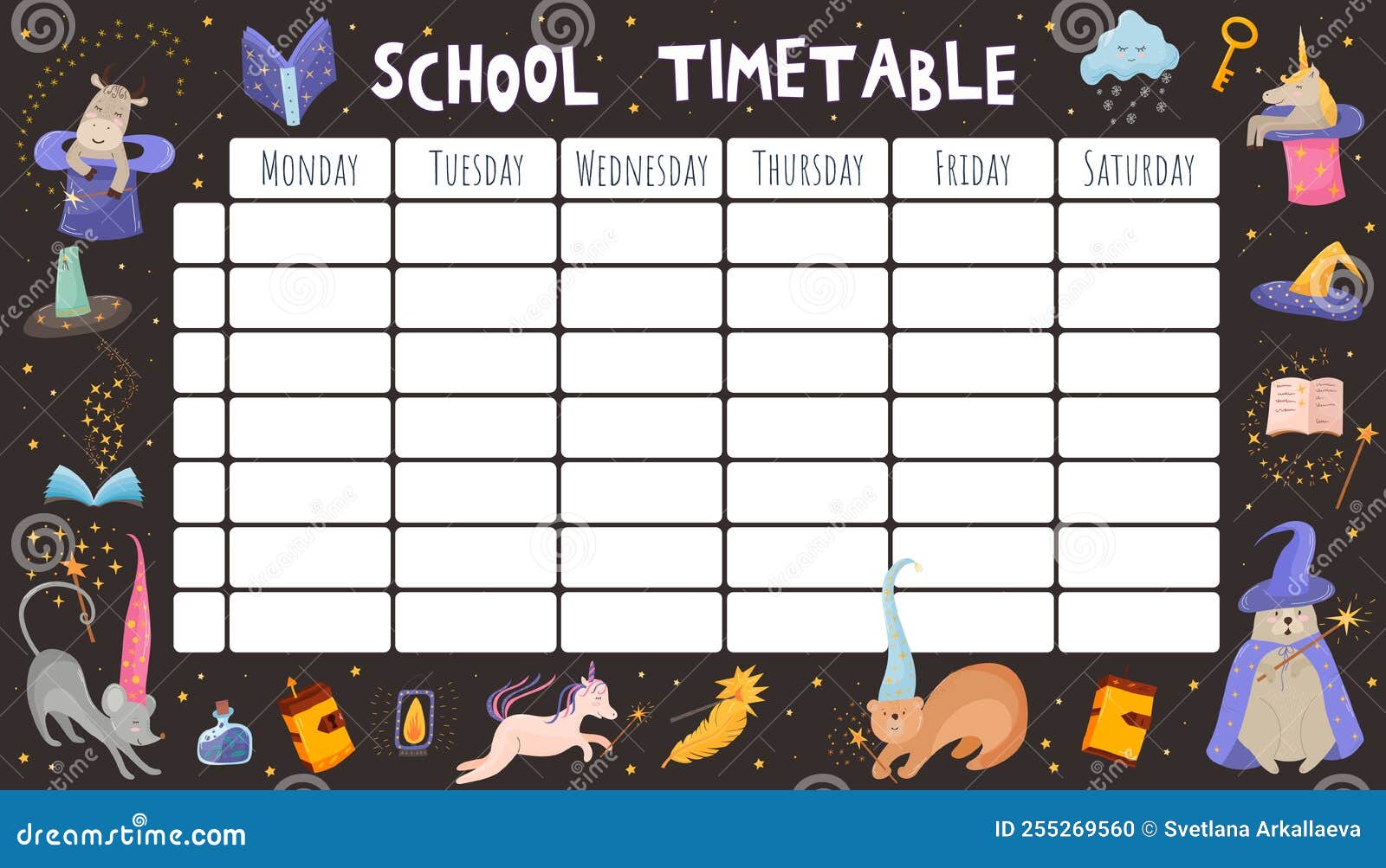 School Timetable with Cartoon Fairytale Characters Stock Vector ...
