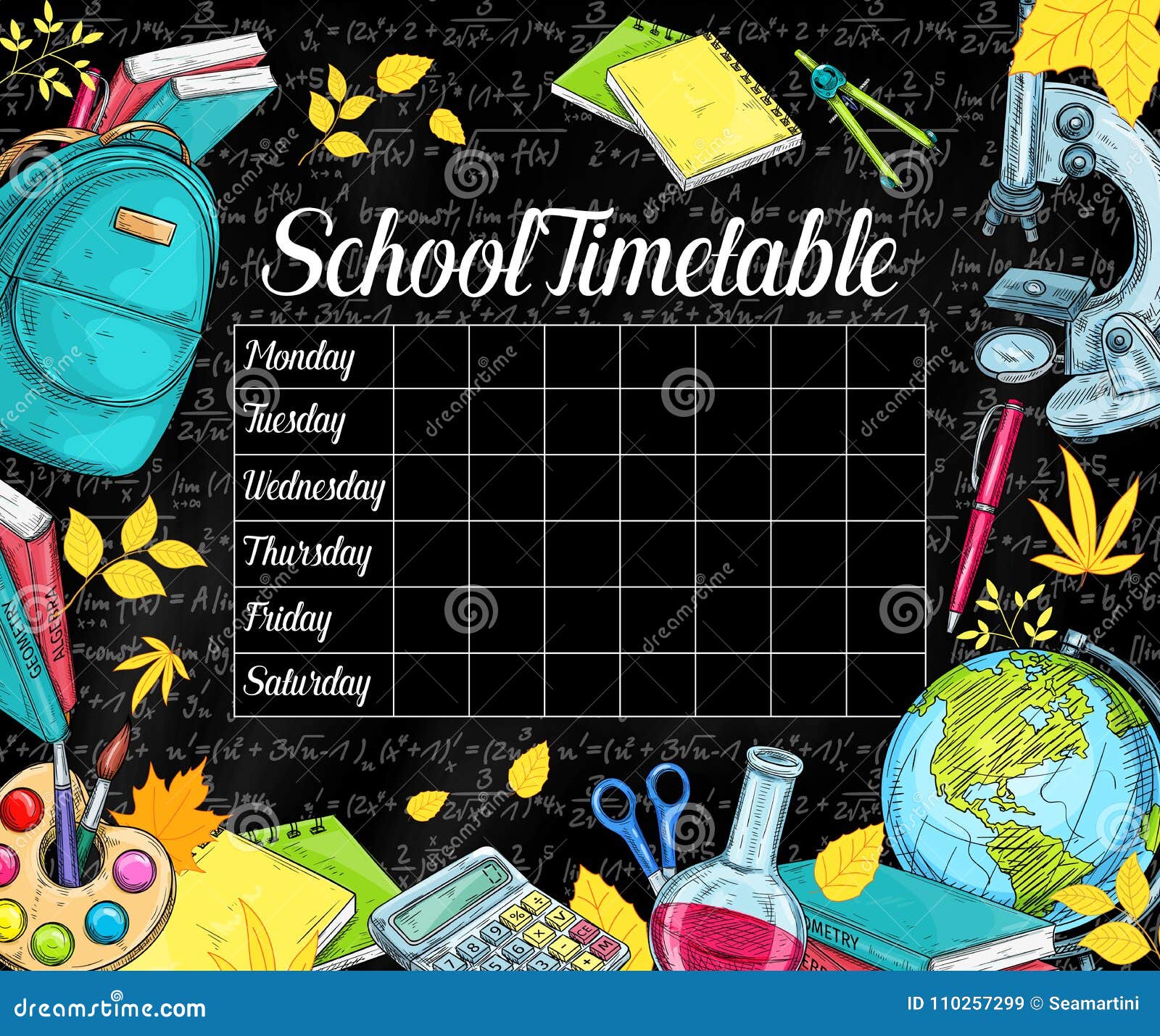 School Vector Timetable on Black Chalkboard Stock Vector - Illustration ...