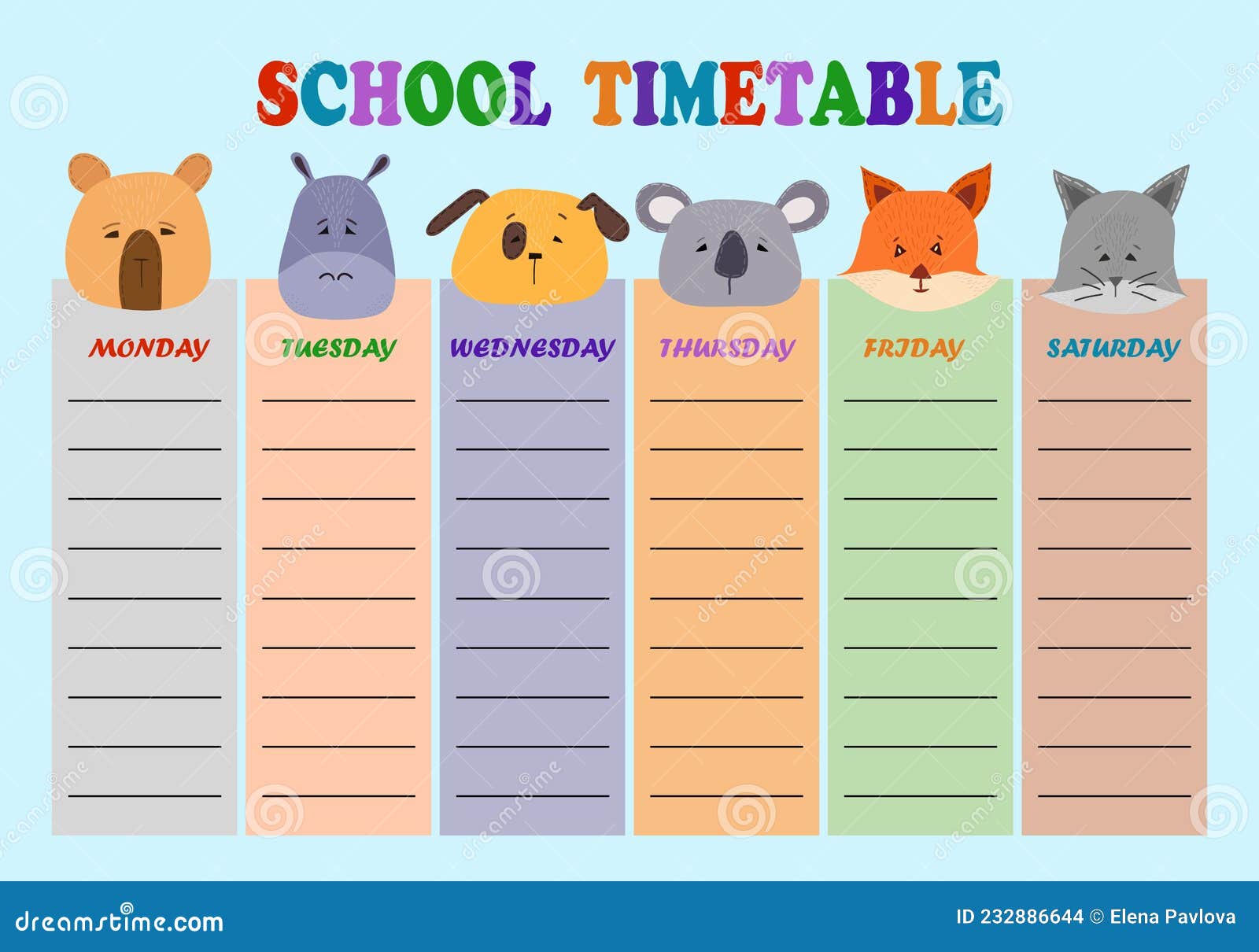 School Timetable Design with Cute Aimals Head. Timetable for Elementary ...