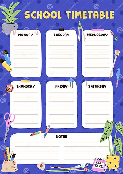 School Timetable Design. Every Day Lessons Schedule Template. Blank ...