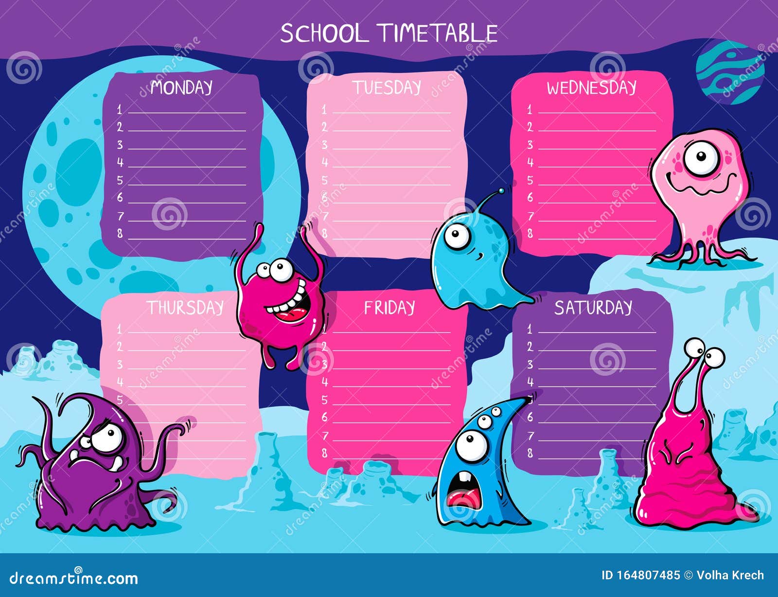 School Timetable Template For Kids. Vector Printable Schedual With ...