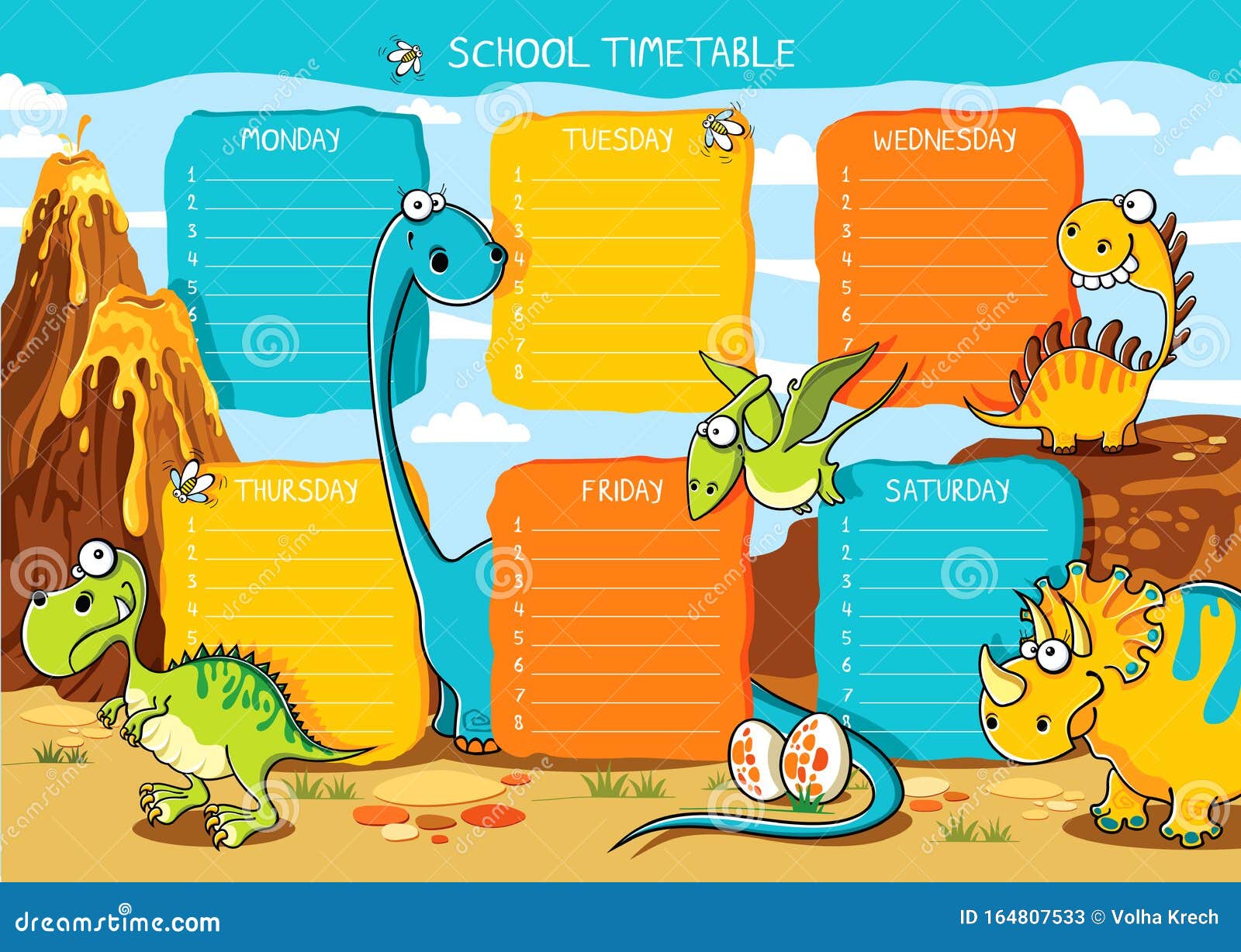 School Timetable with Funny Dinosaurs with Different Emotions Stock ...