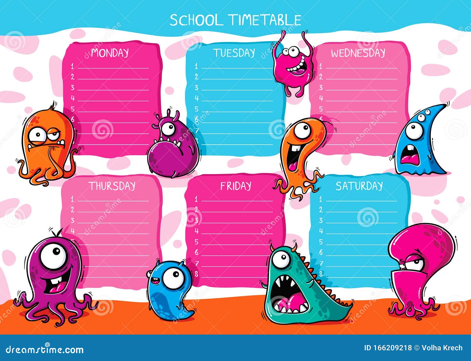 School Timetable Funny Monsters with Different Emotions Stock Vector ...