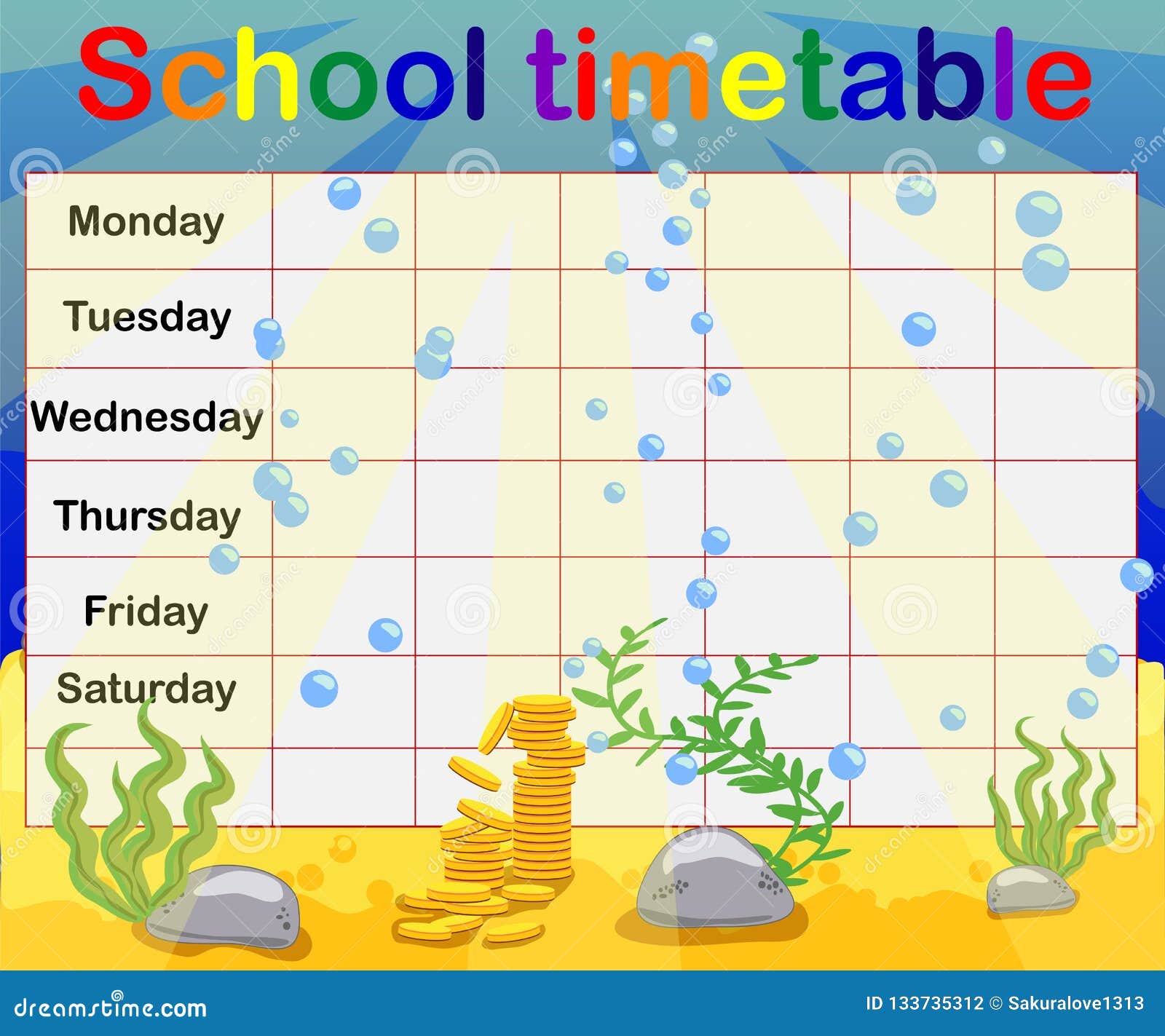 School Timetable with Marine Themes, Table, Underwater World Stock ...