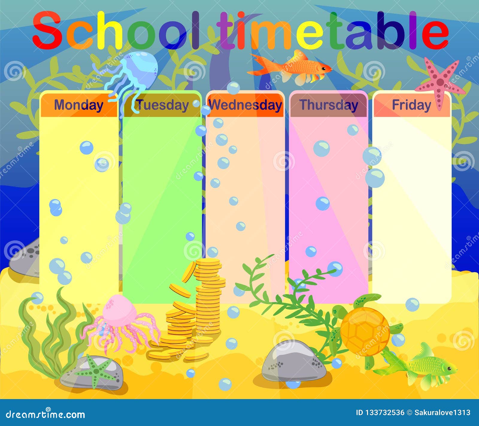 School Timetable with Marine Themes, Table, Underwater World Stock ...