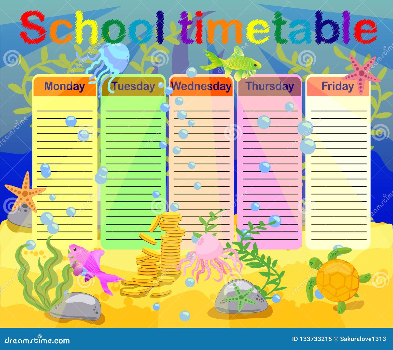 School Timetable with Marine Themes, Table, Underwater World Stock ...
