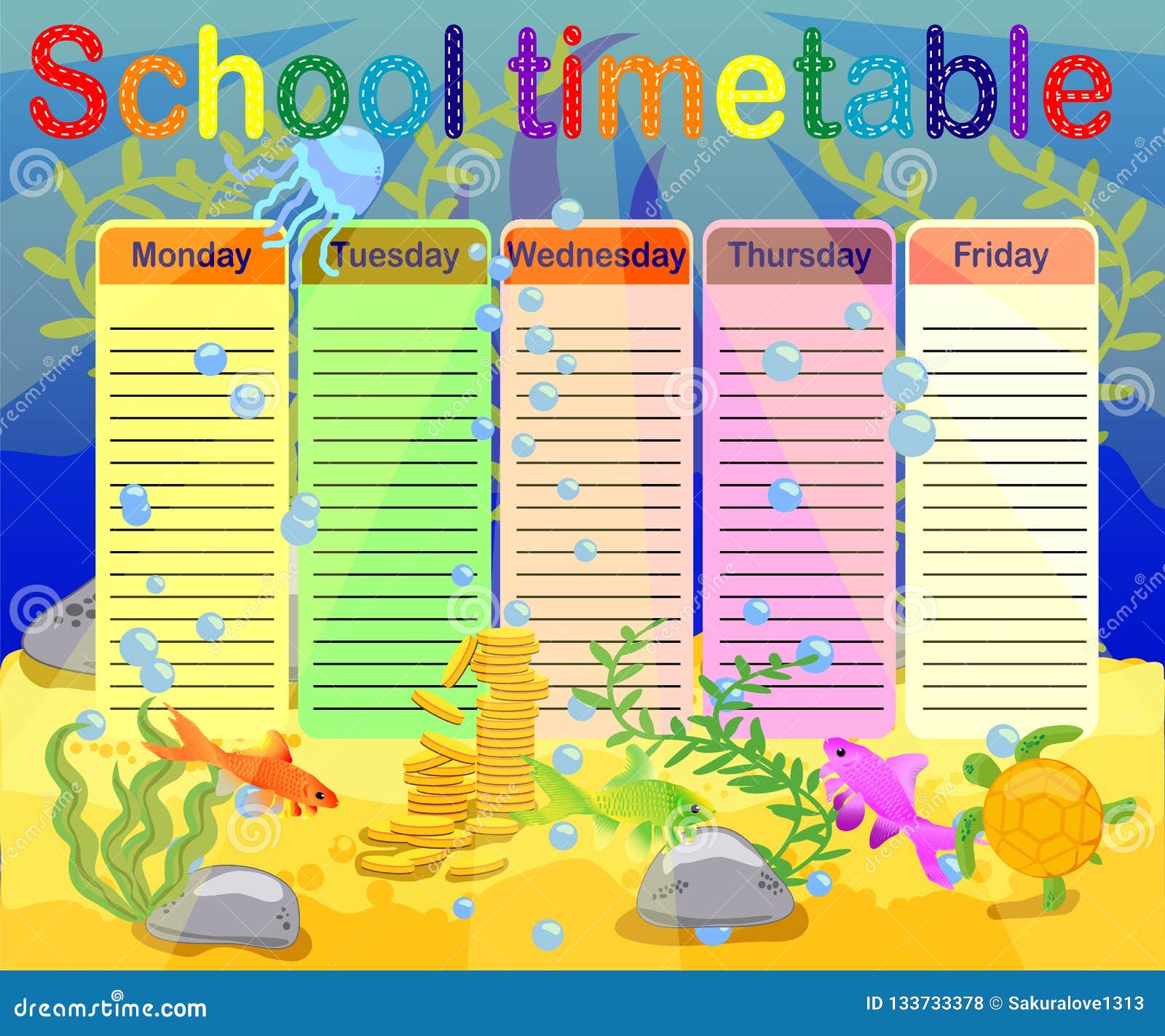 School Timetable with Marine Themes, Table, Underwater World Stock ...