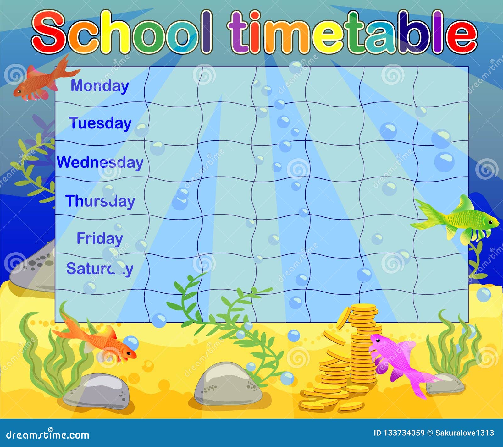 School Timetable with Marine Themes, Table, Underwater World Stock ...