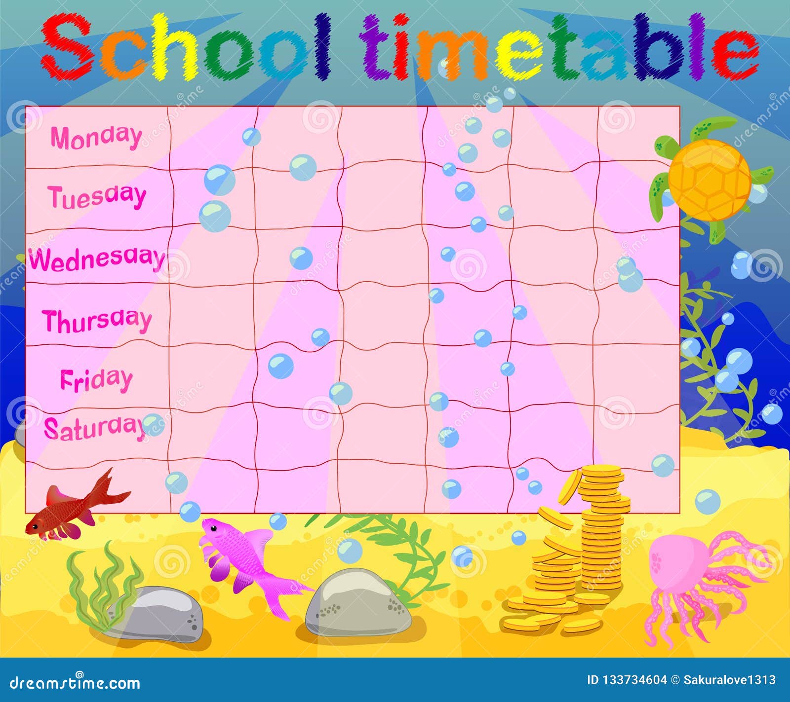 School Timetable with Marine Themes, Table, Underwater World Stock ...