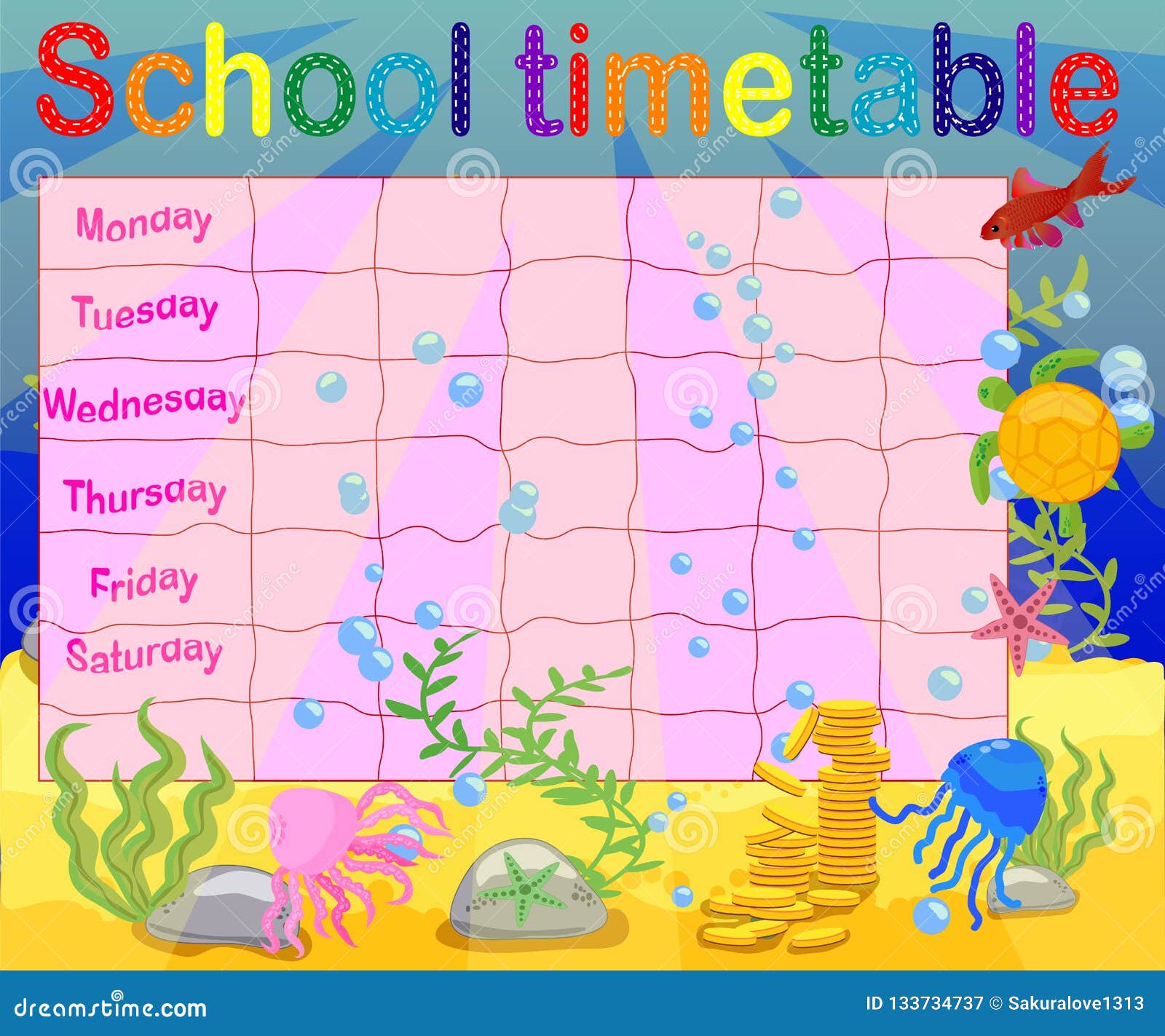 School Timetable with Marine Themes, Table, Underwater World Stock ...