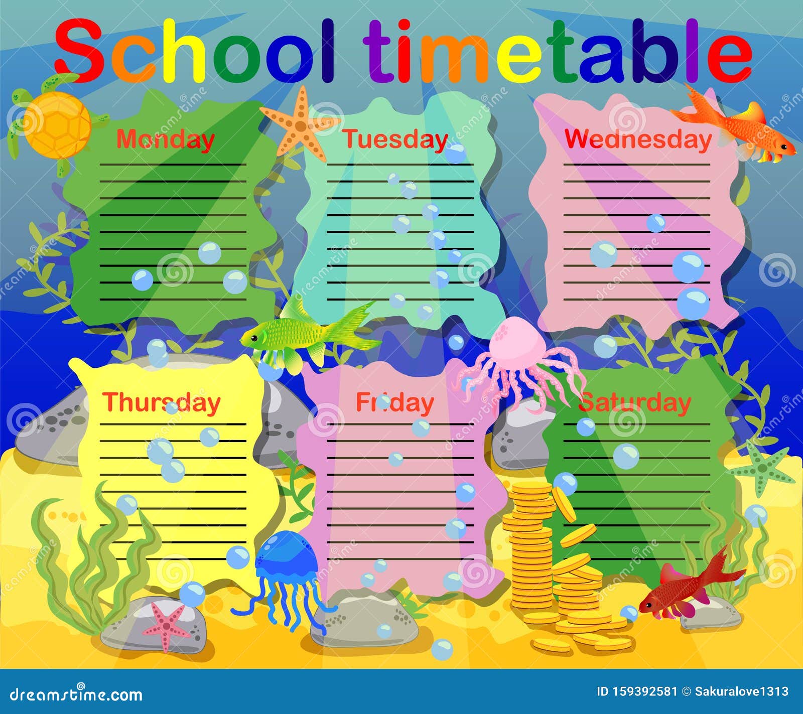 School Timetable with Marine Themes, Table, Underwater Stock ...