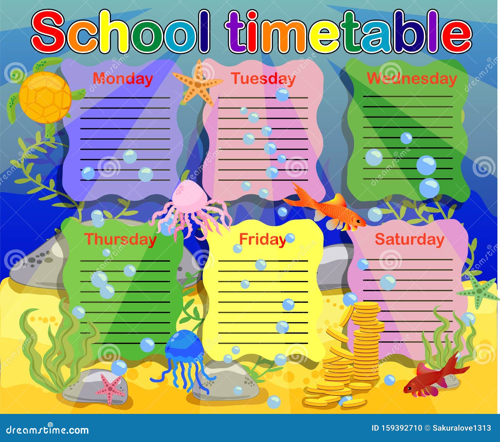 School Timetable with Marine Themes, Table, Underwater Stock ...
