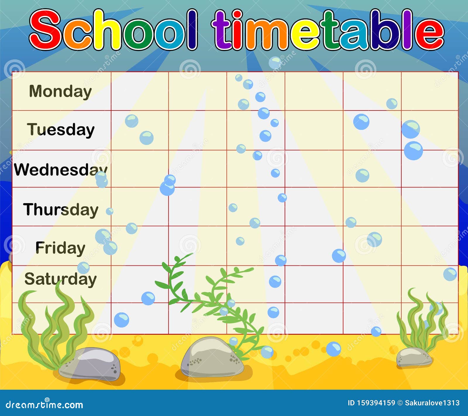 School Timetable with Marine Themes, Table, Underwater Stock ...