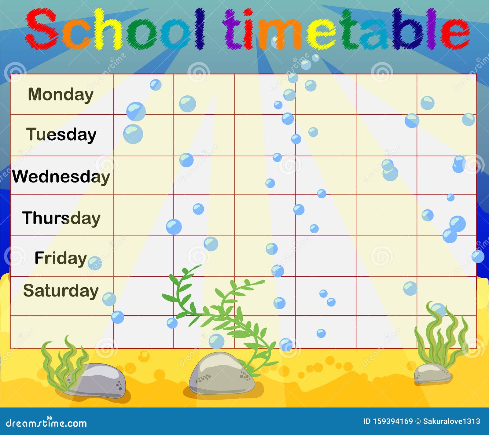 School Timetable with Marine Themes, Table, Underwater Stock ...