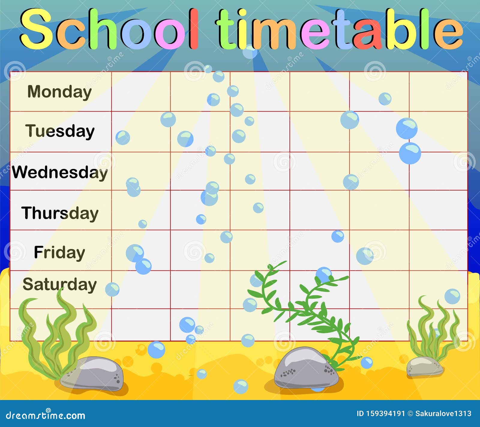 School Timetable with Marine Themes, Table, Underwater Stock ...