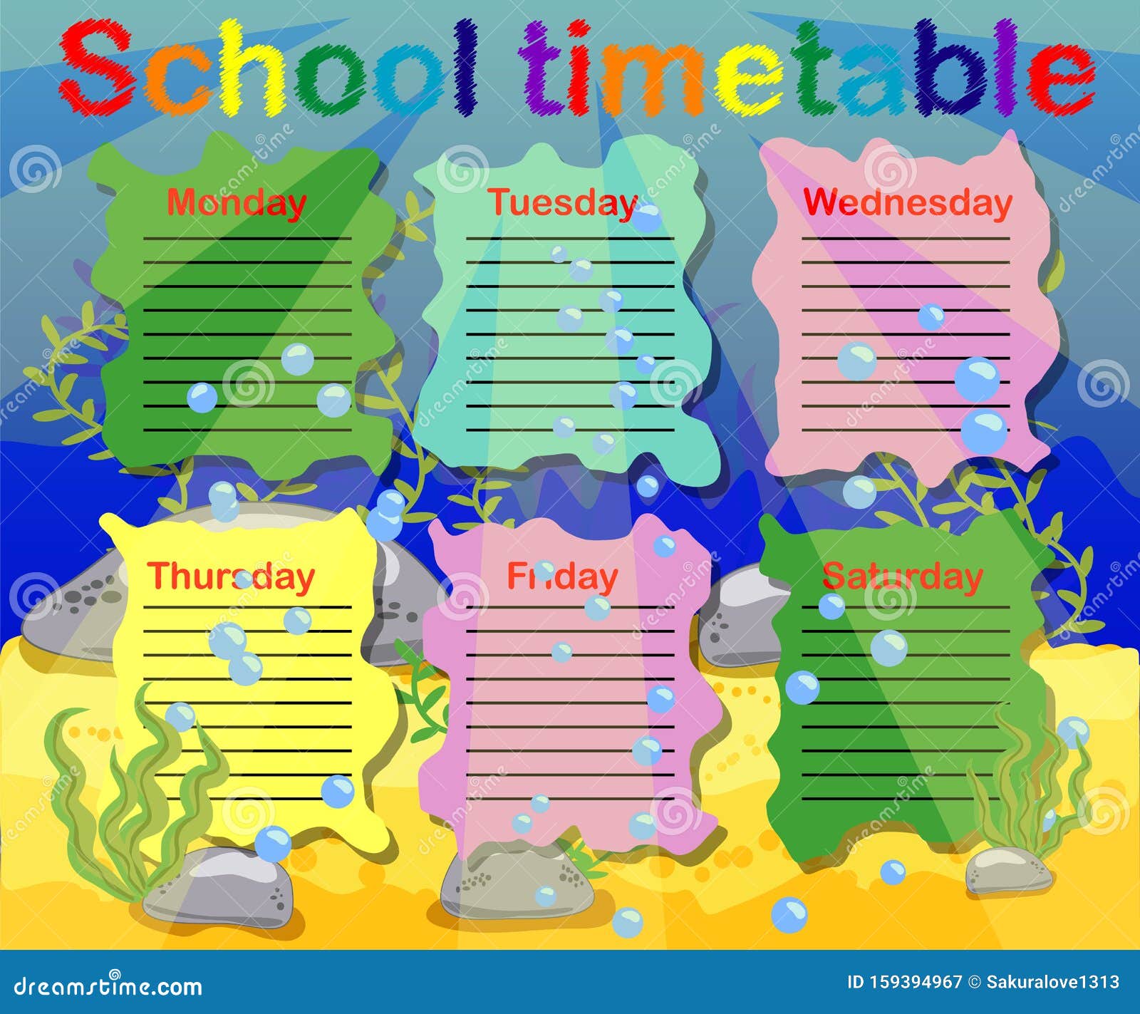 School Timetable with Marine Themes, Table, Underwater Stock ...