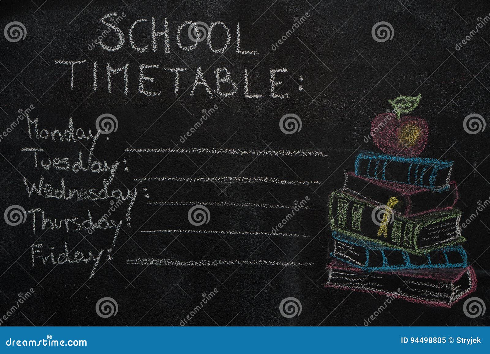 School Timetable and Stack of Books with Apple Drawn on Black ...
