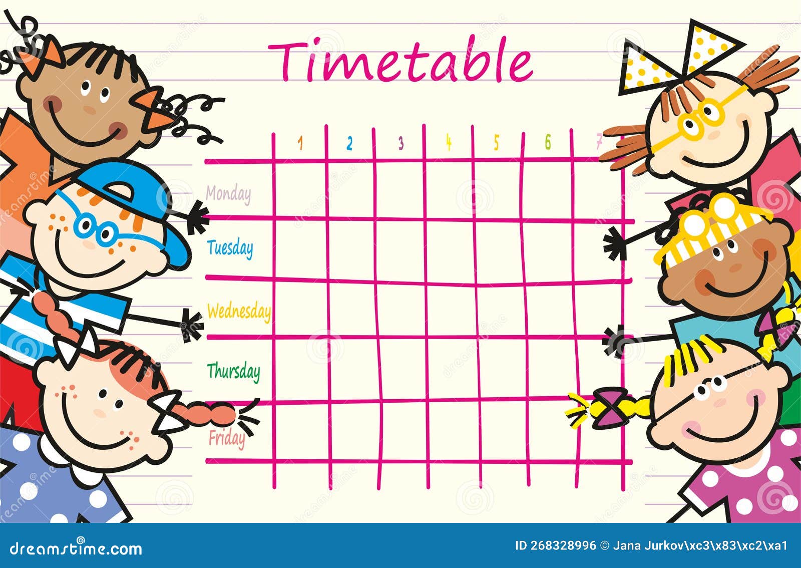 School Timetable, Template, Humorous Illustration, Children, Eps. Stock ...